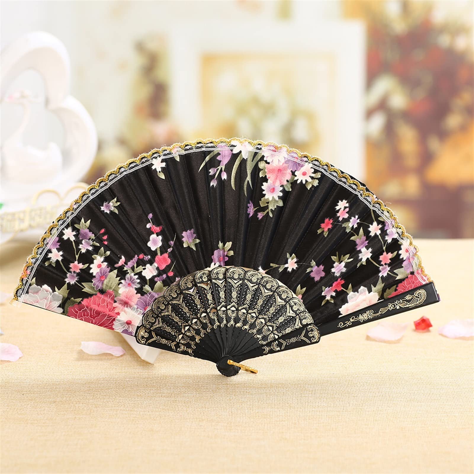 ONGHAHYIS Folding Fans Folding Fans Beauty Lace Dance Wedding Hand Fan Folding Held Flowers Fans Decorative (Color : Deep Blue)