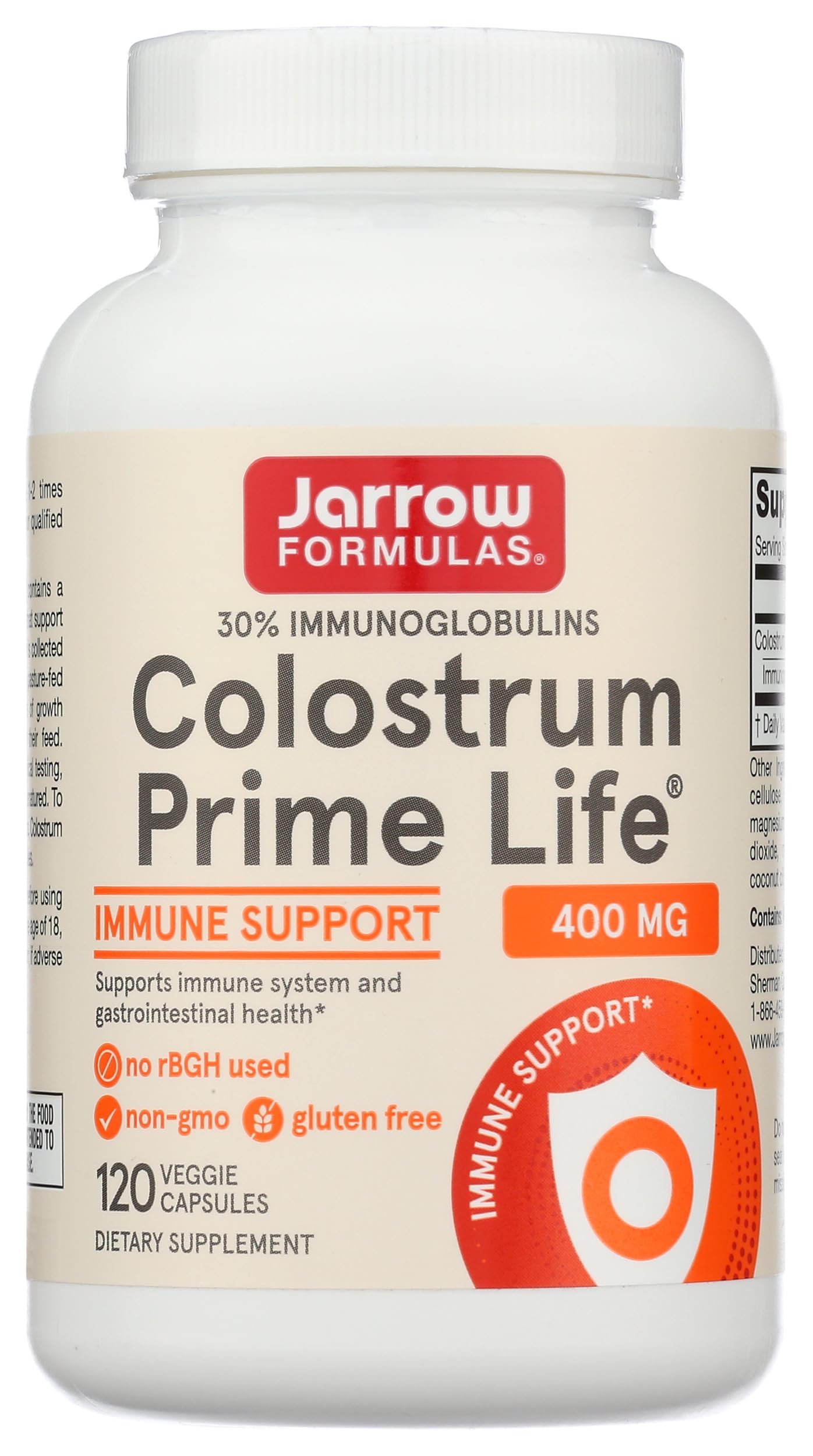 Jarrow Formulas Colostrum Prime Life 400 mg, Dietary Supplement, Immune and Gastrointestinal Support, 120 Capsules, 120 Day Supply