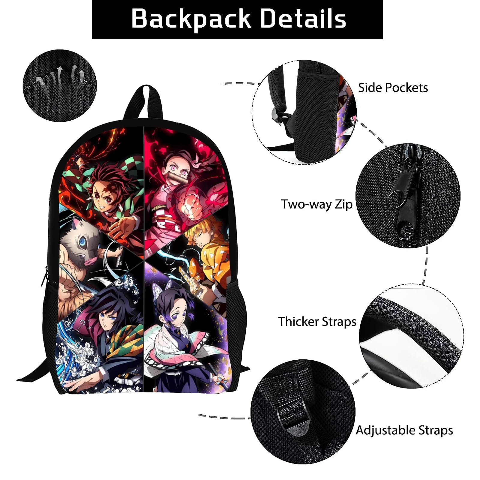 JLAHLVQU 3D Printed Anime Backpack Set Adjustable Shoulder Strap Daypack Casual College Bookbag Laptop Bag With Lunch Box Lunch Bag Pencil Case