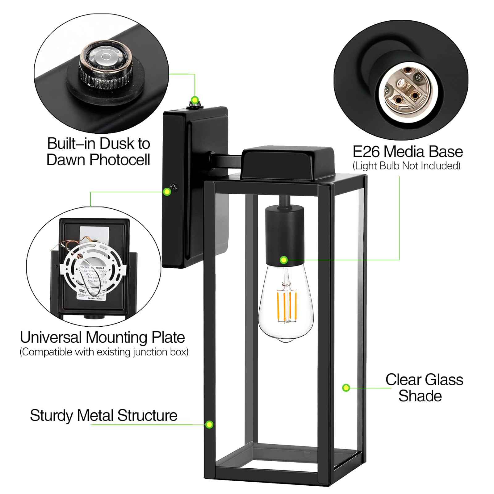 Large Outdoor Wall Light, 16 Inch Outdoor Wall Lantern, Dusk to Dawn Exterior Waterproof Wall Sconce, Anti-Rust Wall Mounted Lighting with Glass Shade, Matte Black Wall Lamp with E26 Socket for Porch