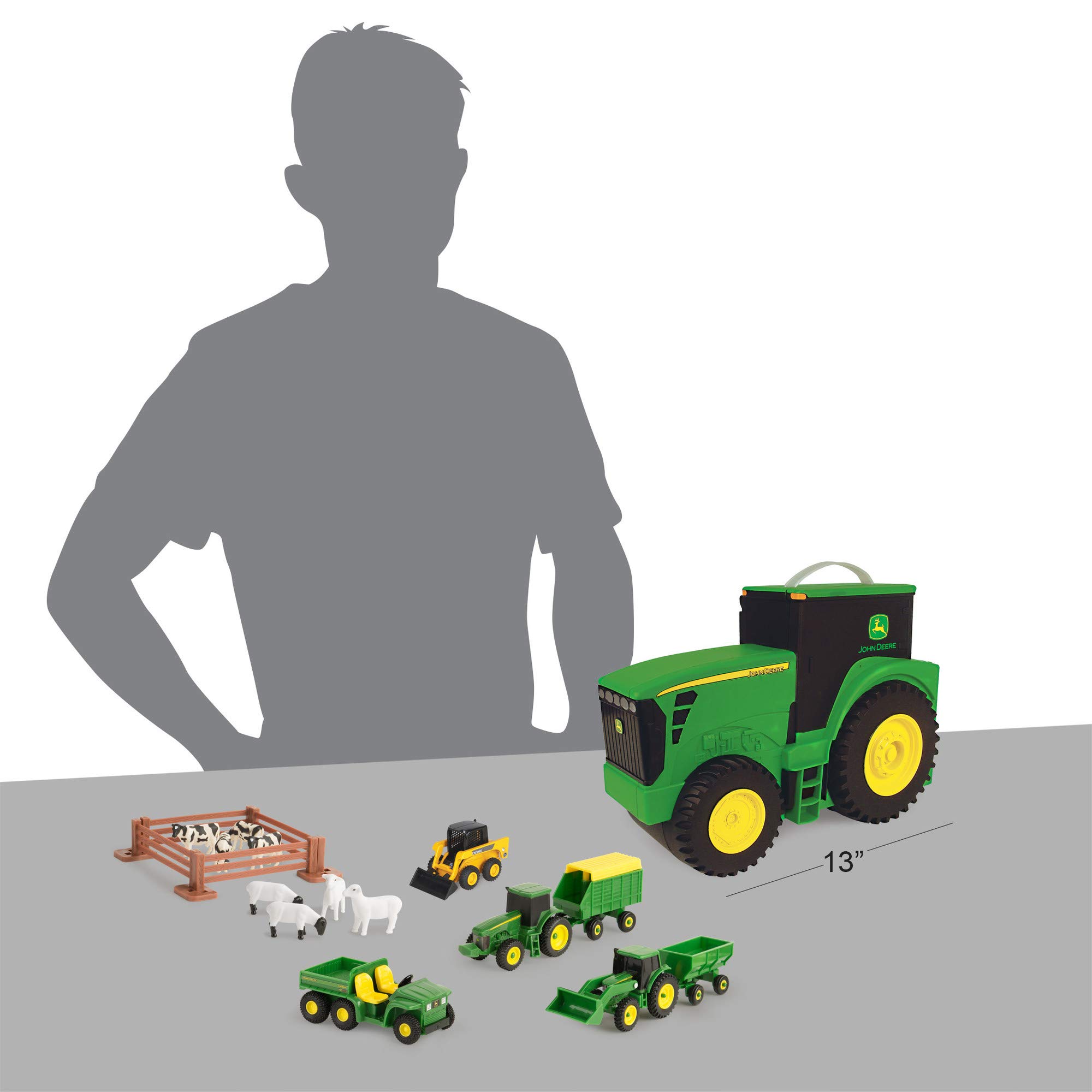 John Deere Value Set and Carrying Case - Portable Tractor-Shaped Carrying Case with 10 Compartments - Farm Toys - 18 Count - 3 Years and Up,Black/ Green/ Yellow
