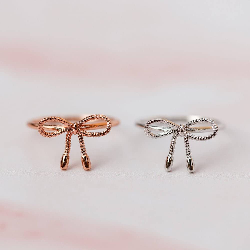 Pura Vida Silver-Plated Bow Ring - Textured Charm, Brass Base Band, Rhodium Plating - Size 5