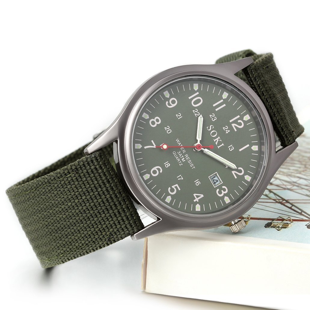 JewelryWe Men's Military Green Dial Nylon Strap Quartz Calendar Wrist Watch Night Vision Luminous Wristwatch for Father's Day