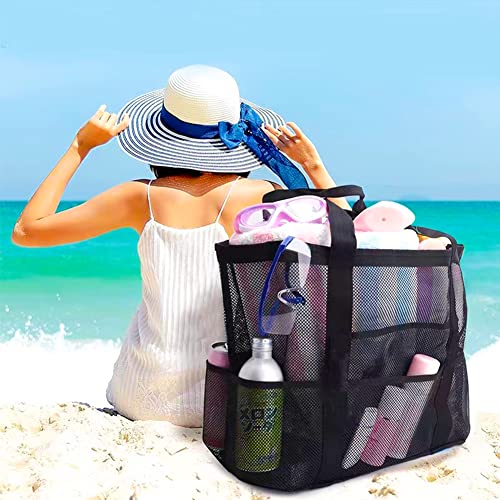 ZB.soar Mesh Beach Bags,9 Pockets Beach Bag, Large Beach Tote Swim Bags Pool Bag with Pockets (Sky Blue)