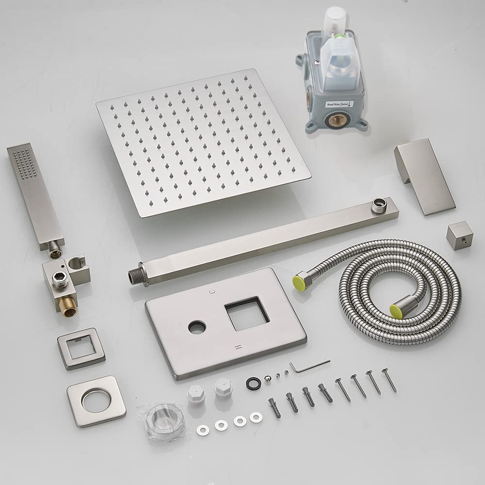 JingGang Brushed Nickel Shower System 10 Inch Bathroom Luxury Rain Mixer Shower Combo Set Wall Mounted Rainfall Shower Head and Handheld System Shower Faucet Rough-in Valve Body and Trim Included