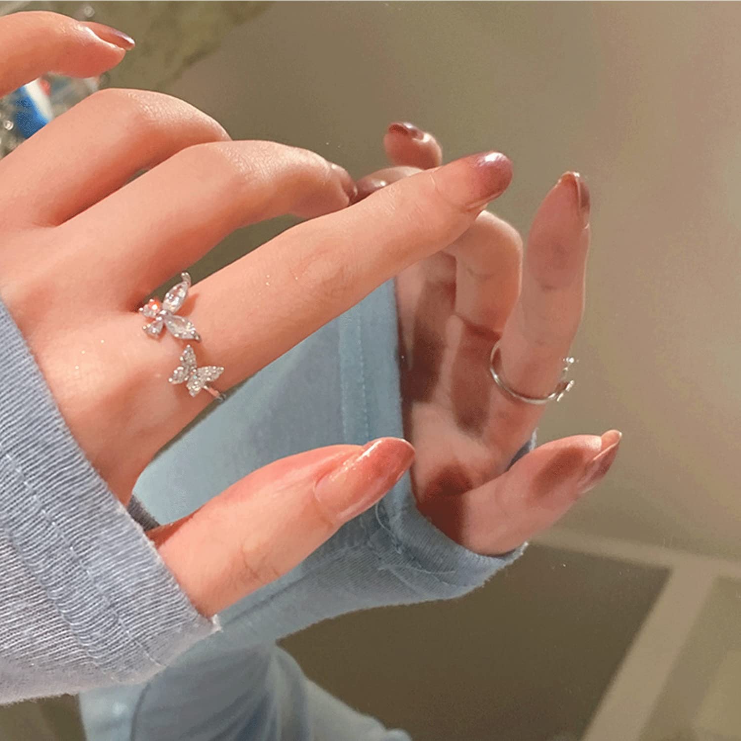 NORLSO Silver Butterfly Ring Dainty Crystal Zircon Butterfly Ring Cute Butterfly Open Rings Adjustable Rings Statement Rings Promise Engagement Ring for Women Bride (Silver)