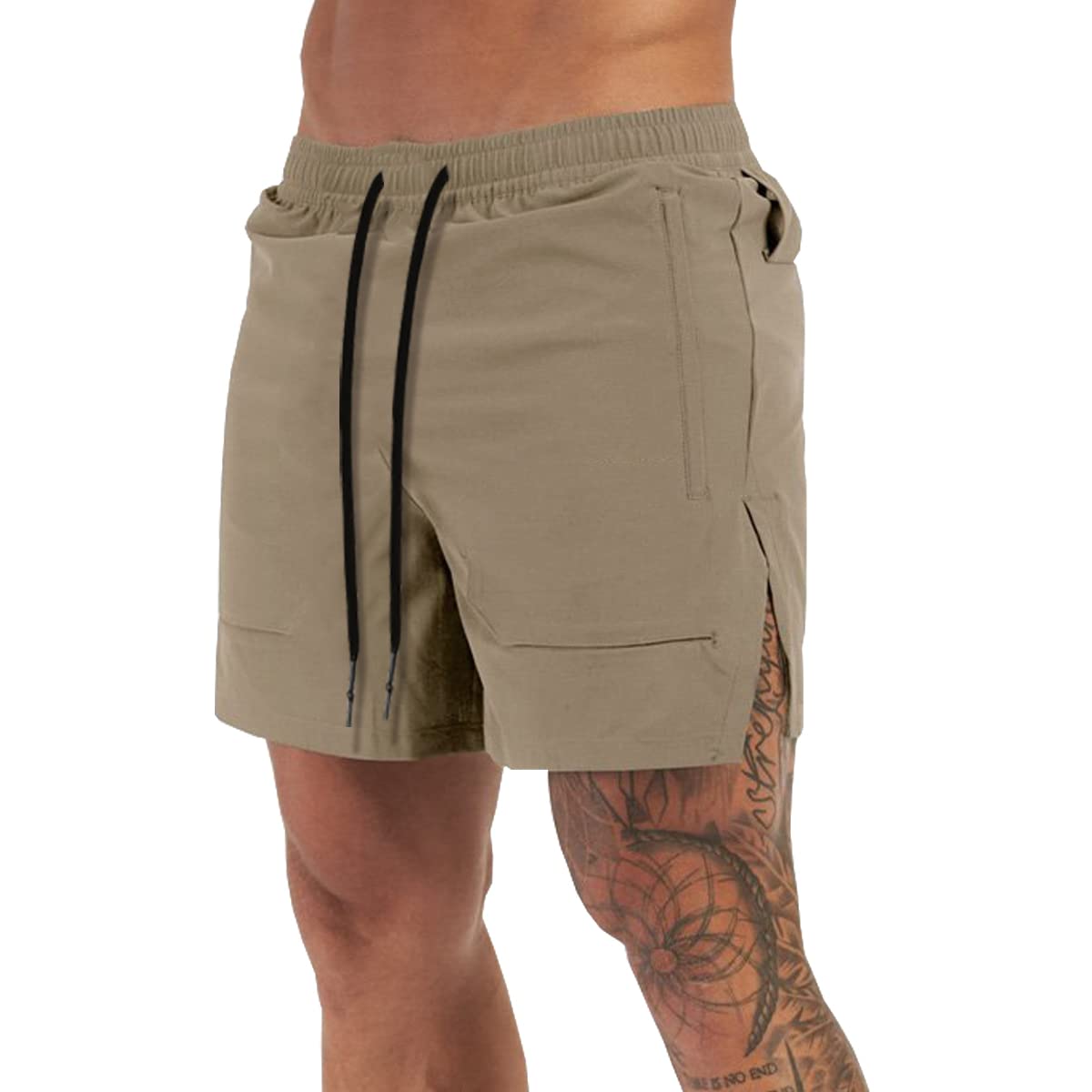 Muscle Killer Men's 2 Pack Gym Workout Shorts Athletic Training Shorts Bodybuilding Weightlifting Pants with Zipper Pockets (Regular, Khaki+Black, Medium, Regular Fit)
