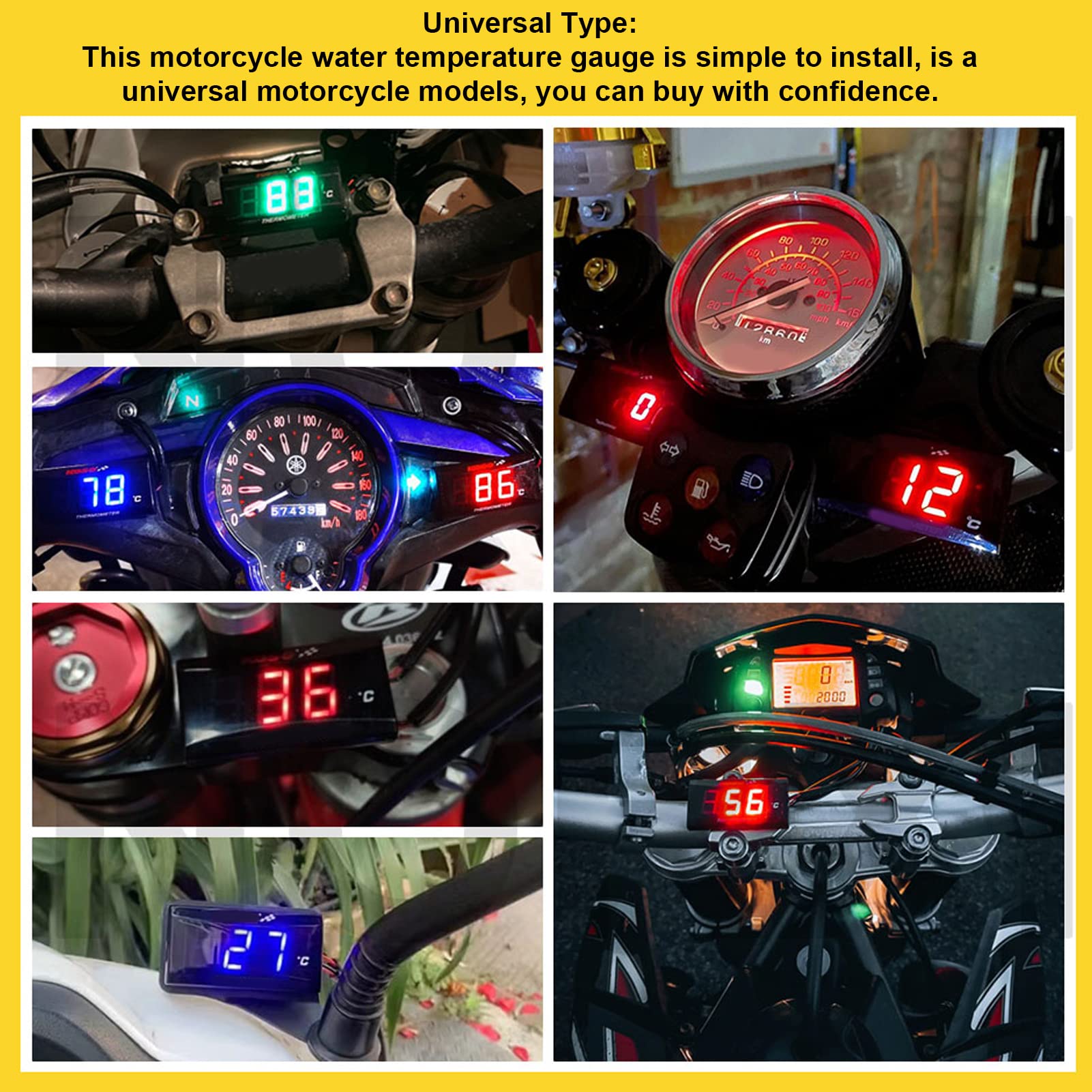 Water Temperature Gauge, Motorcycle Water Temperature Gauge DC12V Precise LCD Display for Modification (Red)