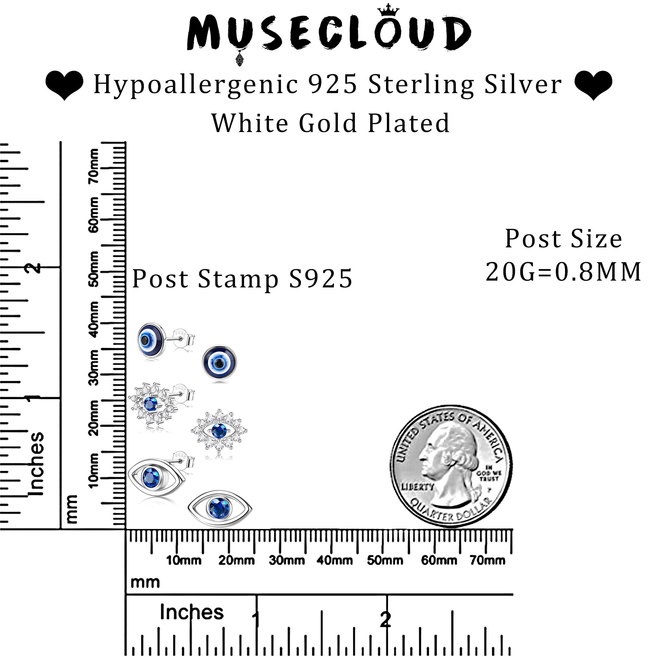 MUSECLOUD Evil Eye Earrings for Women White Gold Plated 925 Sterling Silver Evil Eye Stud Earrings Minimalist Blue CZ Eye Earrings Protection Jewelry (Silver)