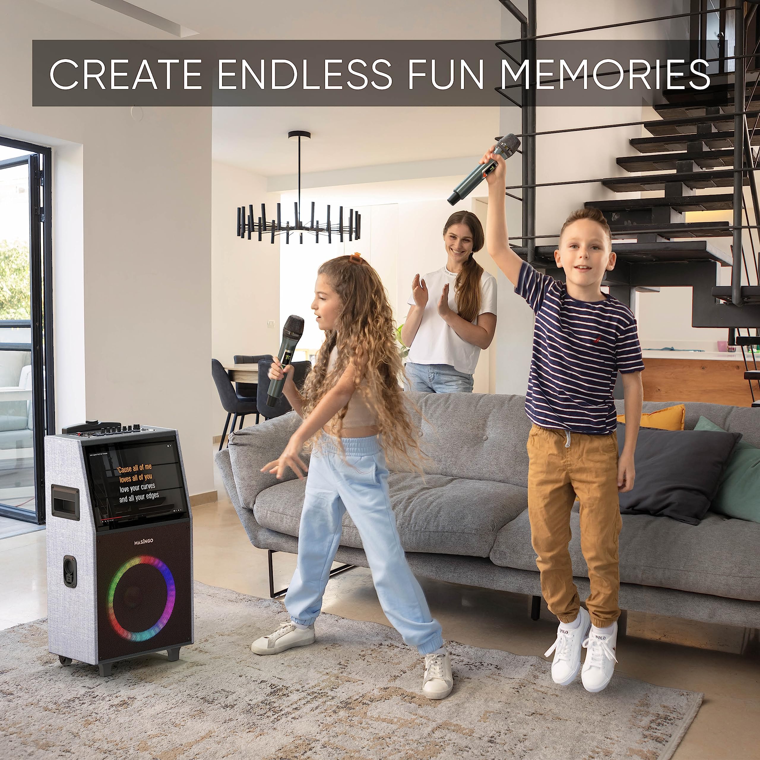 MASINGO Professional Karaoke Machine with Lyrics Display Screen + 2 Wireless Microphones, Bluetooth Portable PA Speaker with Built-in 15" Tablet & WiFi - Best Gift for Adults and Kids - X8 2021 Model