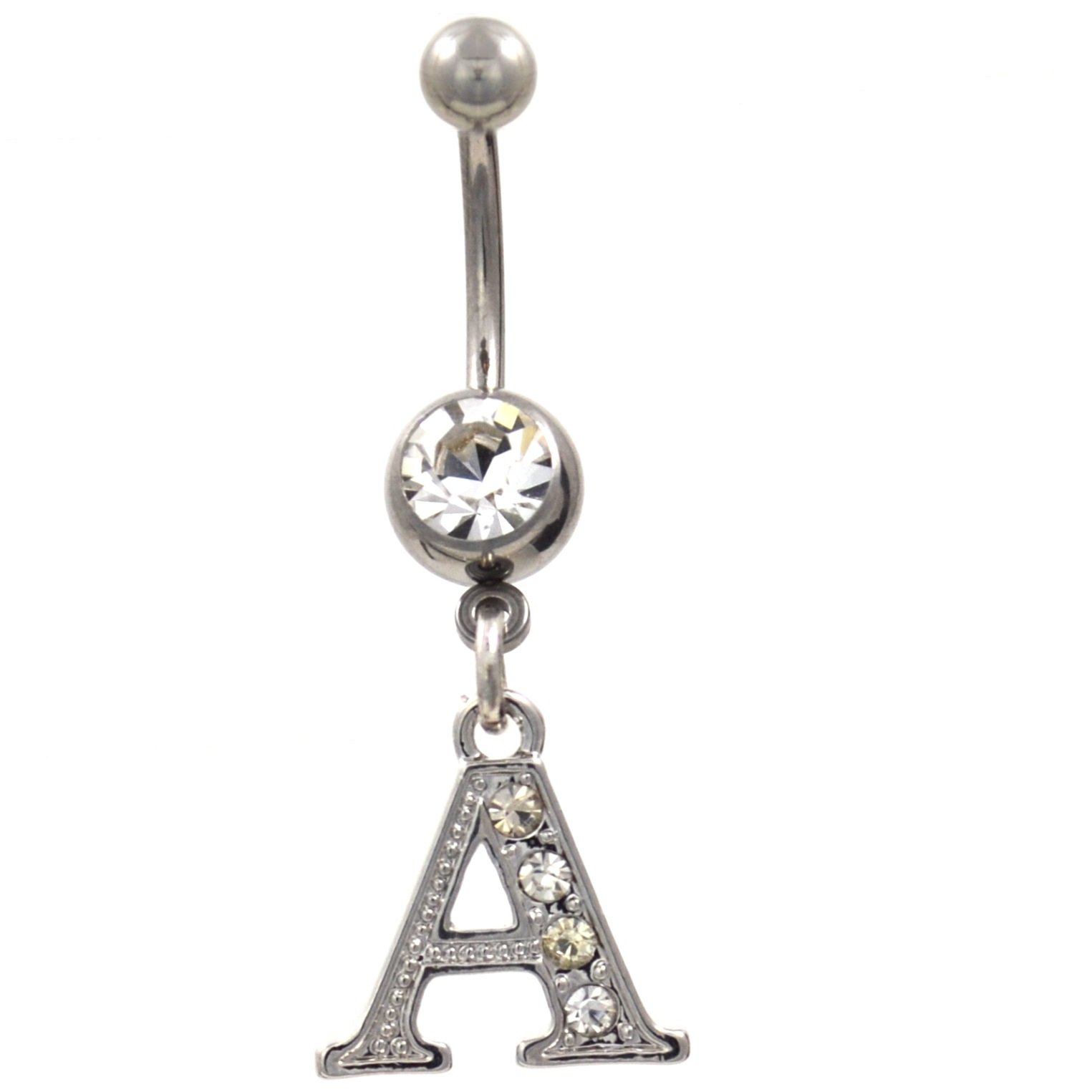 Initial Letter A Clear Gem Decorated Belly Button Ring