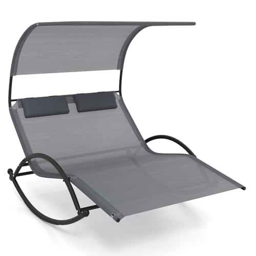 Tangkula 2 Person Lounge Chair with Canopy, Outdoor Chaise Lounge with 2 Detachable Pillows, Sturdy Metal Frame, Extra Large Double Patio Hammock Sunbed Swing for Backyard, Poolside (Gray)