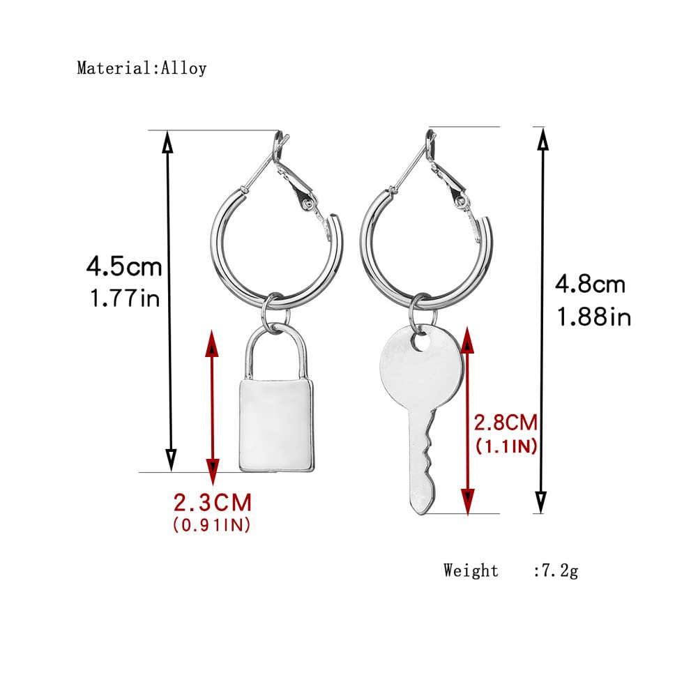 Lock and Key Earrings for Women.Asymmetric Lock Key Earring, Padlock Dangle Hoop Earrings Key Punk Edgy Aesthetic Earrings