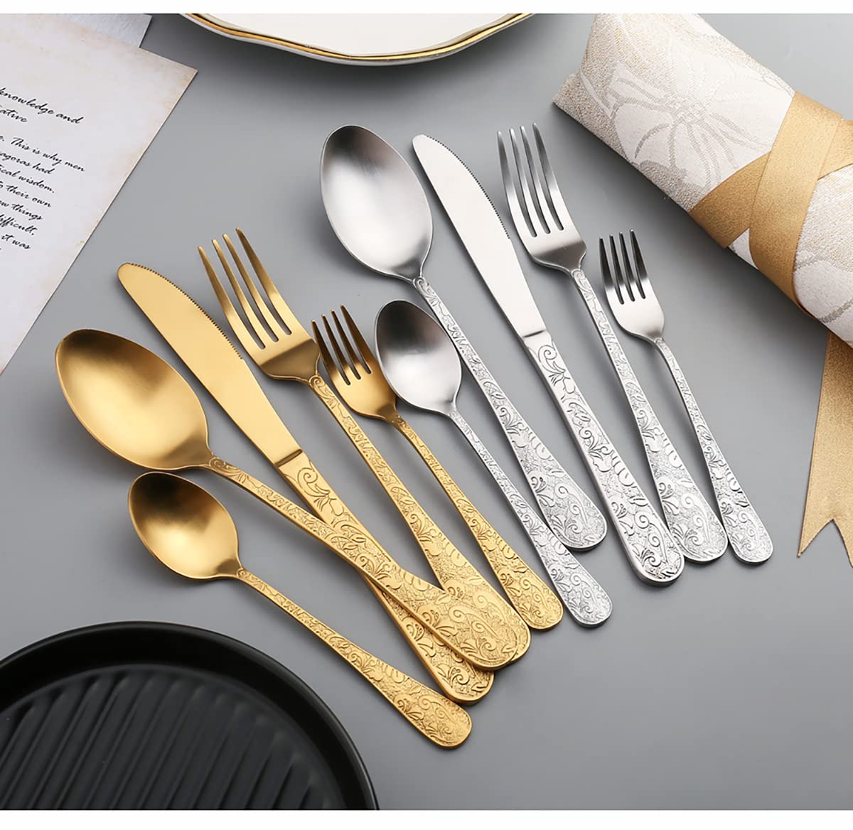 IKXO 35 pcs Stainless Steel Silverware Set Service for 7, Modern Sleek Flatware Set, Include Knife Fork Spoon Long Teaspoon Salad Fork Mirror-Polished Dishwasher Safe carved Cutlery