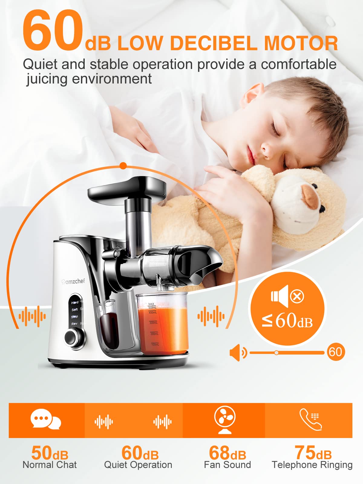 Juicer Machines, AMZCHEF Slow Cold Press Juicer with 2 Speed Modes, Travel bottles(500ML), LED display, Easy to Clean Brush & Quiet Motor for Vegetables & Fruits, Beige