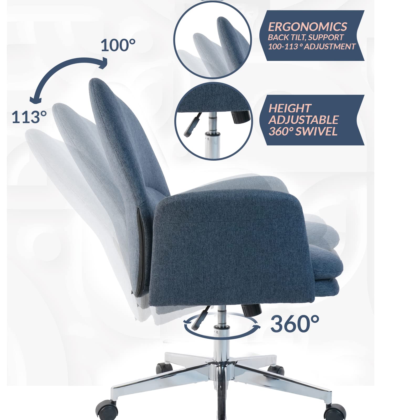 KLASIKA Home Office Chair Swivel Adjustable Rolling Ergonomic Mid Back Desk Chair with Upholstered Armrests Lumbar Support for Bedroom Living Room Studying Set of 2 Grey
