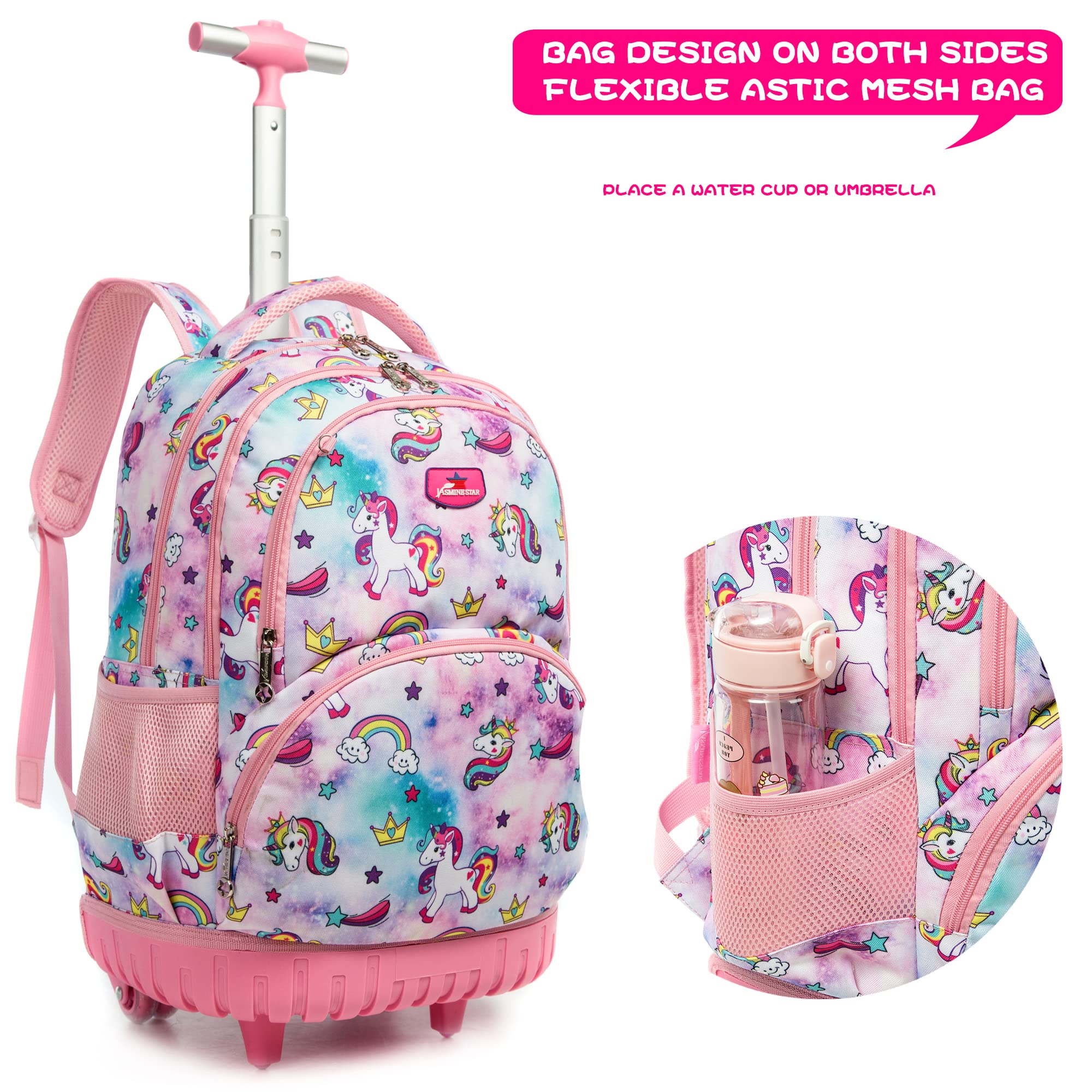 Jasminestar Rolling Backpack 18 inch Wheeled Kids Backpack with Lunch Bag and Pencil Case for Boys and Girls