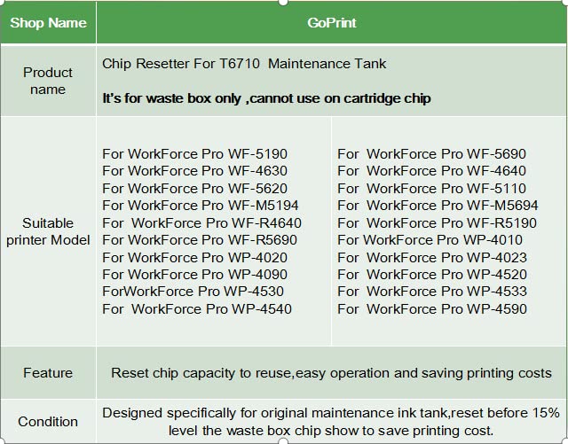 T6710 Maintenance Ink Tank Chip Resetter for Epson Workforce Pro WF-5190 WF-5690 WF-4630 WF-5110 WP-4010 WF-7710 WF-7720, white