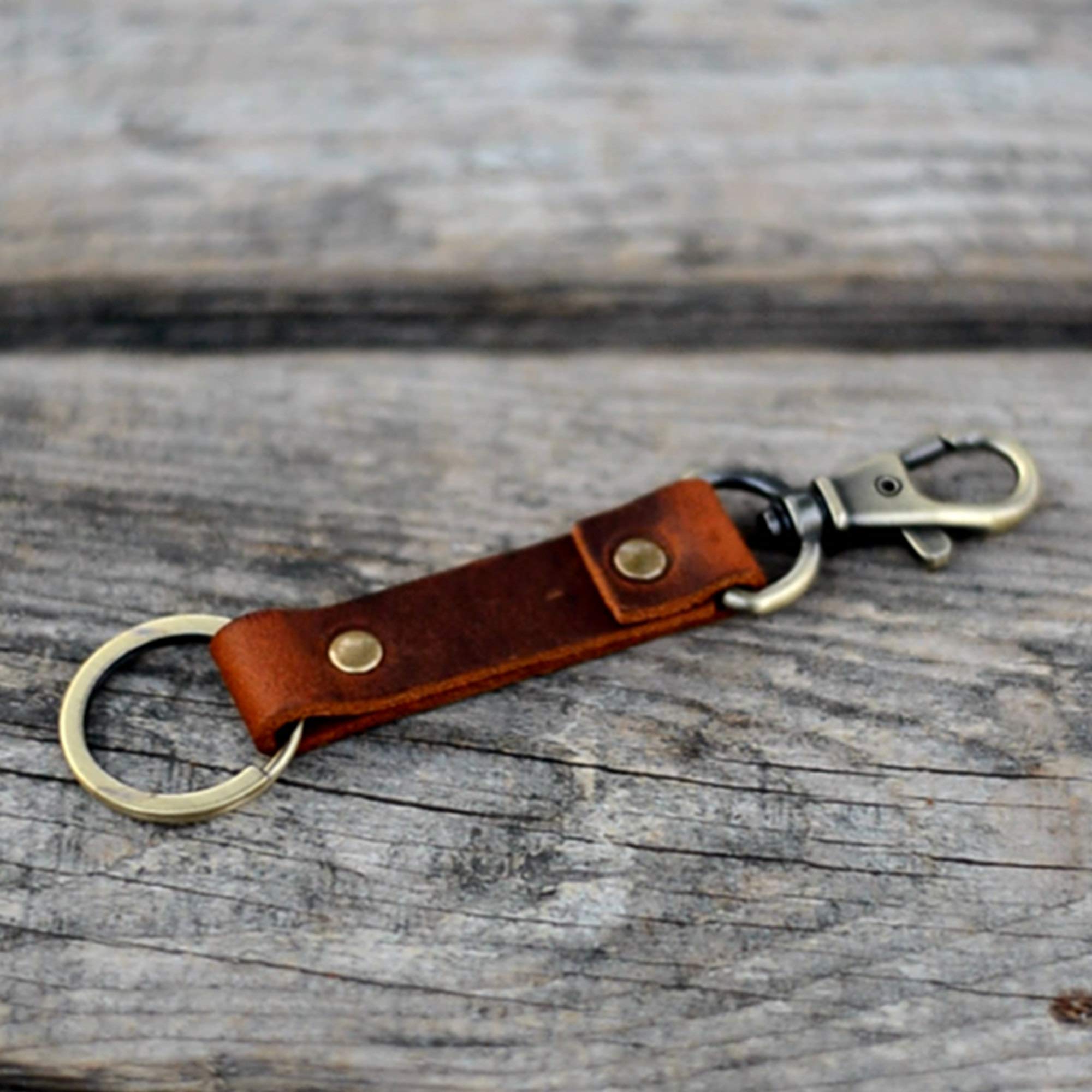 JJNUSA Genuine Leather Keychain Walnut Leather Key Holder Mens Key Chain Ring Fob brown