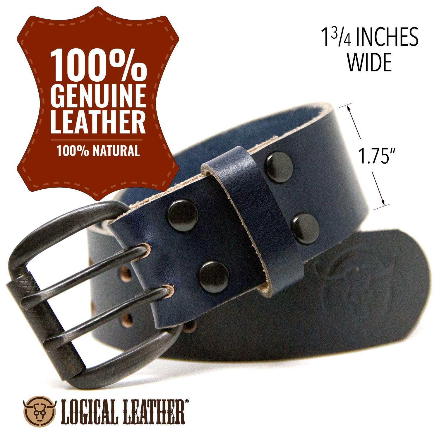 Logical Leather Men's Work Belt - Heavy Duty Genuine Full Grain Leather Double Prong Belts- Black 46