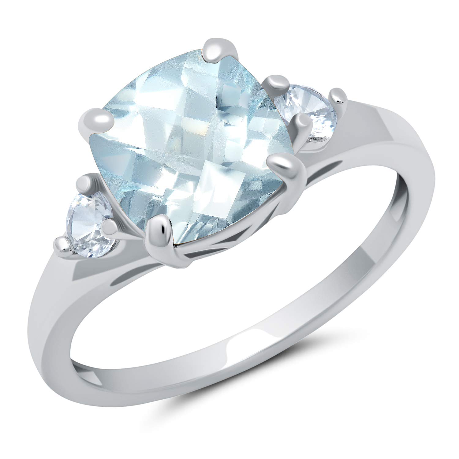 MAX + STONE Cushion Cut Blue Aquamarine Three Stone Ring for Women in 10k White Gold with Created White Sapphire Accents and March Birthstone Size 6