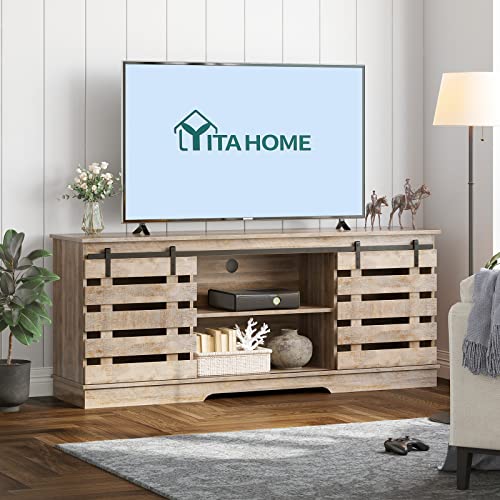 YITAHOME Bar Cabinet, 60β Farmhouse Sliding Barn Door Cabinet Sideboard Buffet Cabinet with Capacity 300 lbs for Home Kitchen Dinning Living Room, Grey Wash