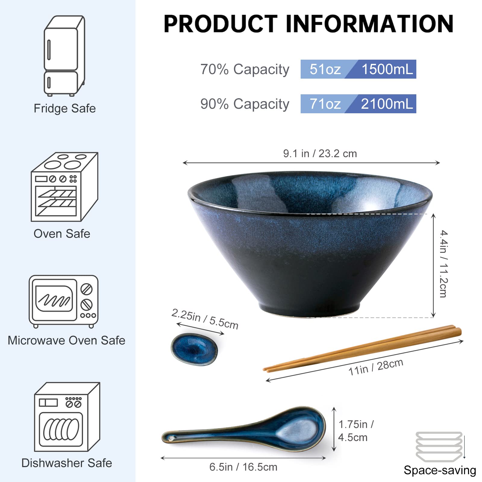Large Salad Soup Ramen Serving Bowls, 71 OZ Ceramic Japanese Ramen Noodle Bowl with Chopsticks, Spoons and Rests - Super Big Bowl Sets for Udon, Pho, Pasta, Cereal, Set of 2 - Reactive Blue