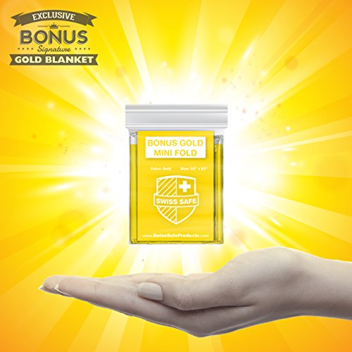 Swiss Safe Emergency Blankets for Survival Kit - Mylar Thermal Blankets - NASA-Designed Body Warmer for Camping, Hiking & Outdoor Activities, Bug Out Bag - 4 Pack w/Bonus Gold Foil Space Blanket Fit