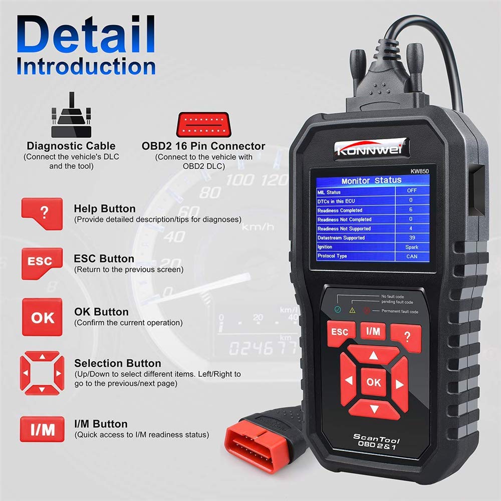 KONNWEI Auto OBD2 Scanner Professional Car OBD II Scanner Diagnostic Fault Automotive Code Reader Check Engine Light EOBD Scan Tool for All OBDII Protocol Cars Since 1996(KW850) Black