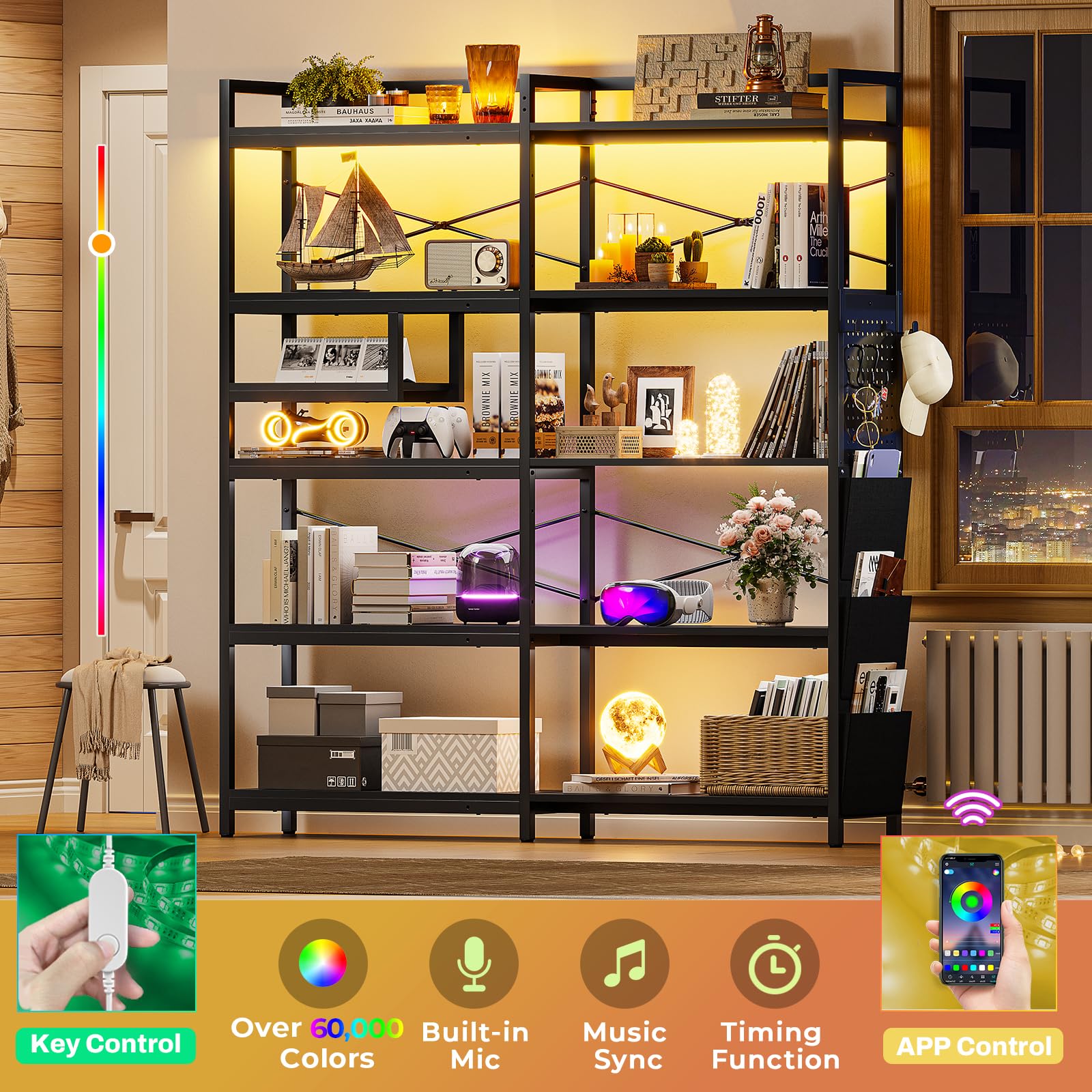Itaar 5-Tier Book Shelf, Reversible 70.8" W Bookcase Storage Shelves or Corner Bookshelf, Bookshelf with LED Light, 2 Pegboards, Storage Bag & 4 Hooks for Bedroom, Black