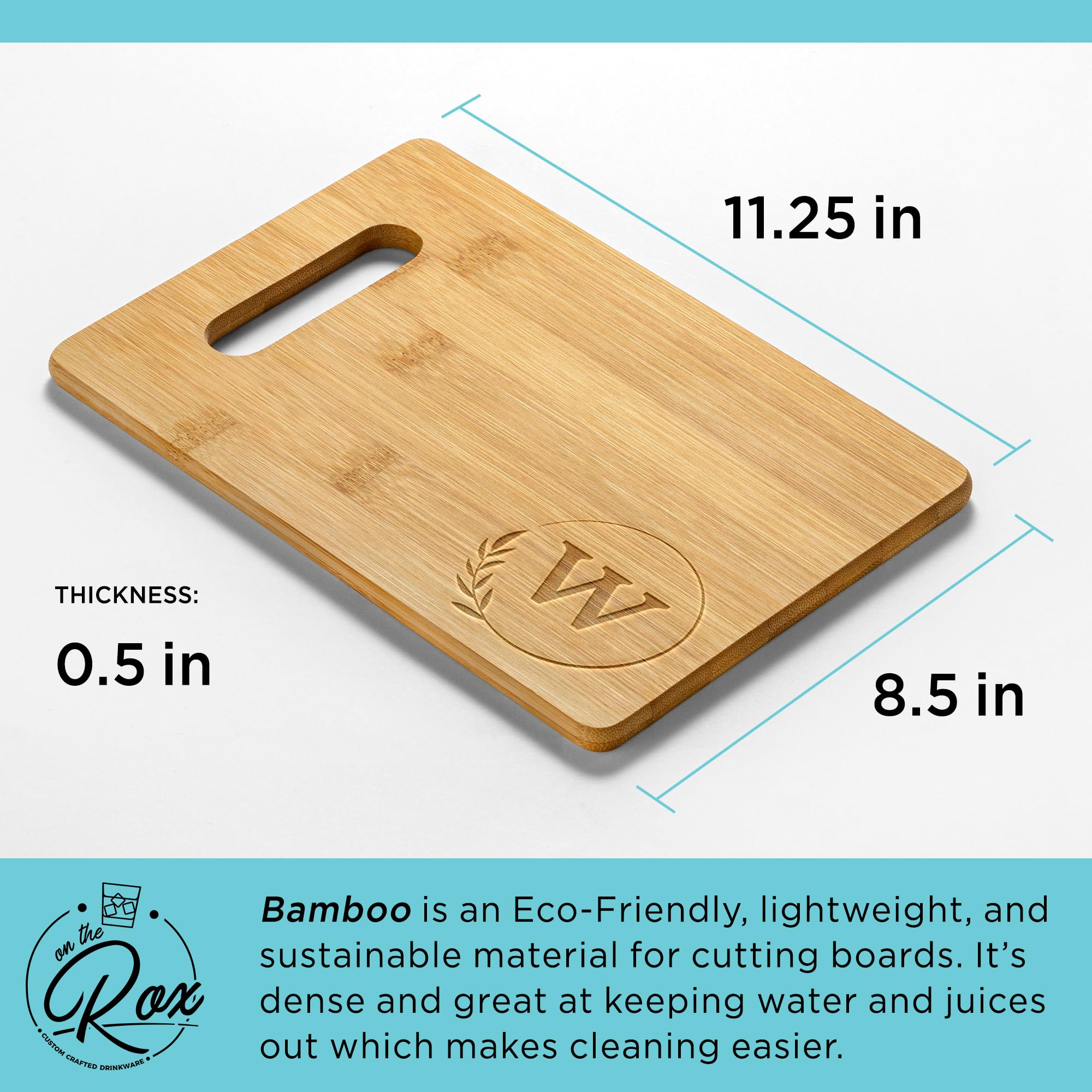 On The Rox Monogrammed Cutting Boards - 9β x 12β A to Z Personalized Engraved Bamboo Board (W) - Large Customized Wood Cutting Board with Initials - Wooden Custom Charcuterie Board Kitchen Gifts