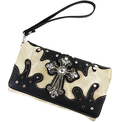 Justin West Cross Studs Concealed Carry Shoulder Handbag Tote Purse Crossbody Wallet (Beige Set)