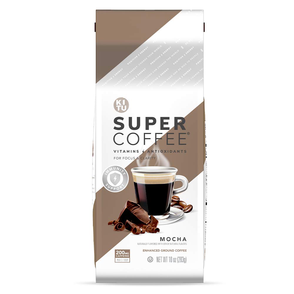 KITU SUPER COFFEE Grounds, Energy & Immunity (2x Caffeine, Vitamins, Antioxidants) [Mocha] 10 Oz, 1 Pack | Keto Friendly Ground Coffee, 100% Arabica Coffee Ground