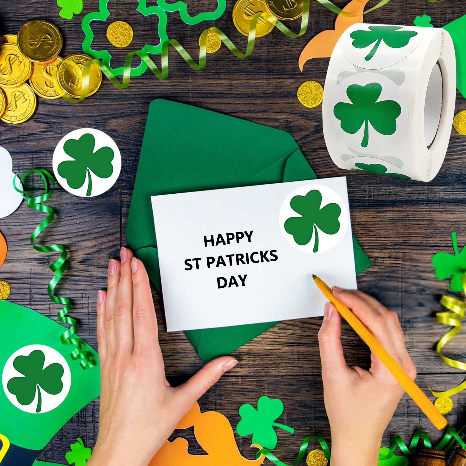 SOIDHSID Green 1.5 Inch Shamrock Stickers, 500pcs Waterproof Paper Decorations for St.Patrick's Day, Gift Box, Envelope, Card, Party