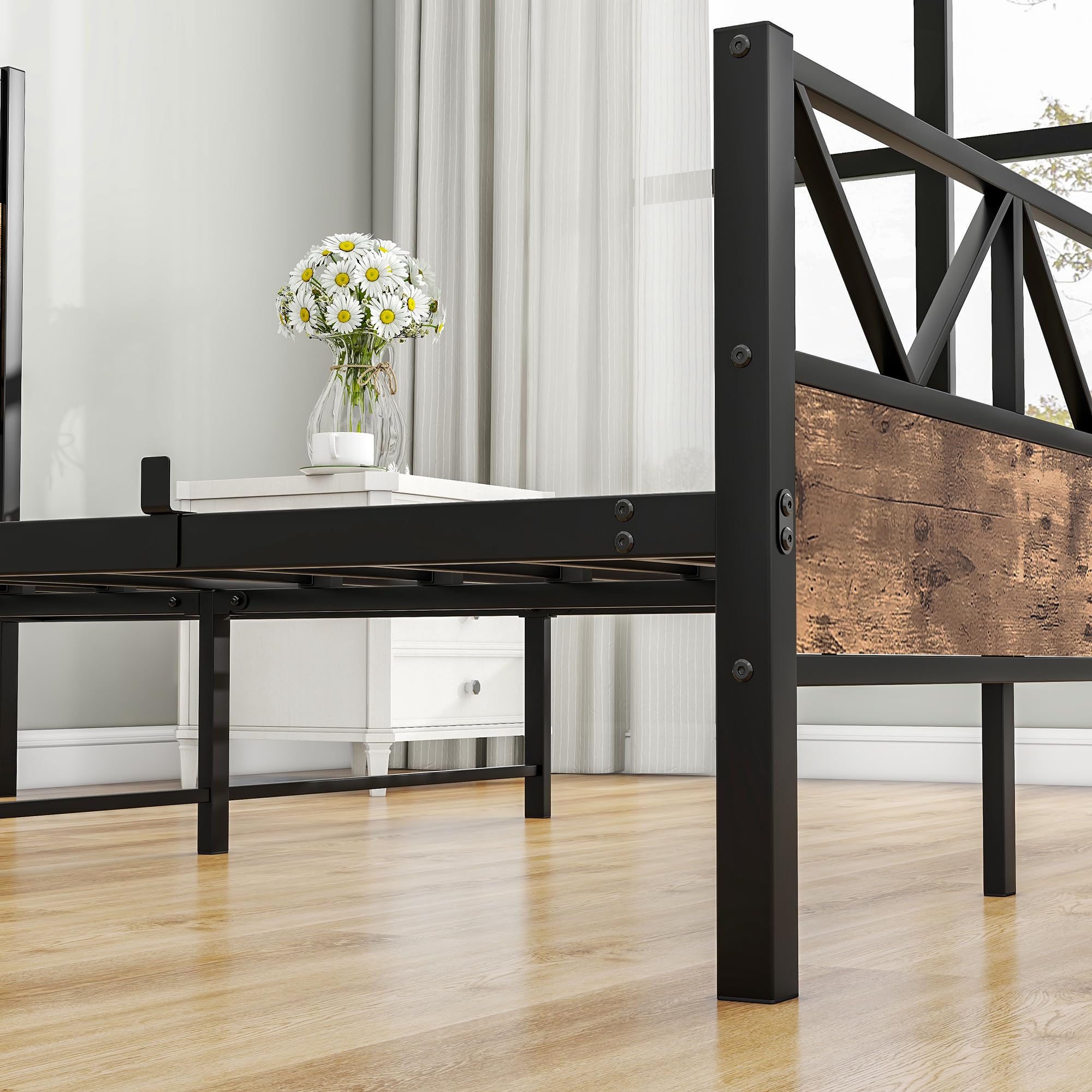 HOJINLINERO Full Size Bed Frame with Tall Wood Headboard/Heavy Duty Platform Bed Frame Full Size No Box Spring Needed/Enhanced Support Leg Mattress Foundation,Noise Free,Easy Assembly,Black