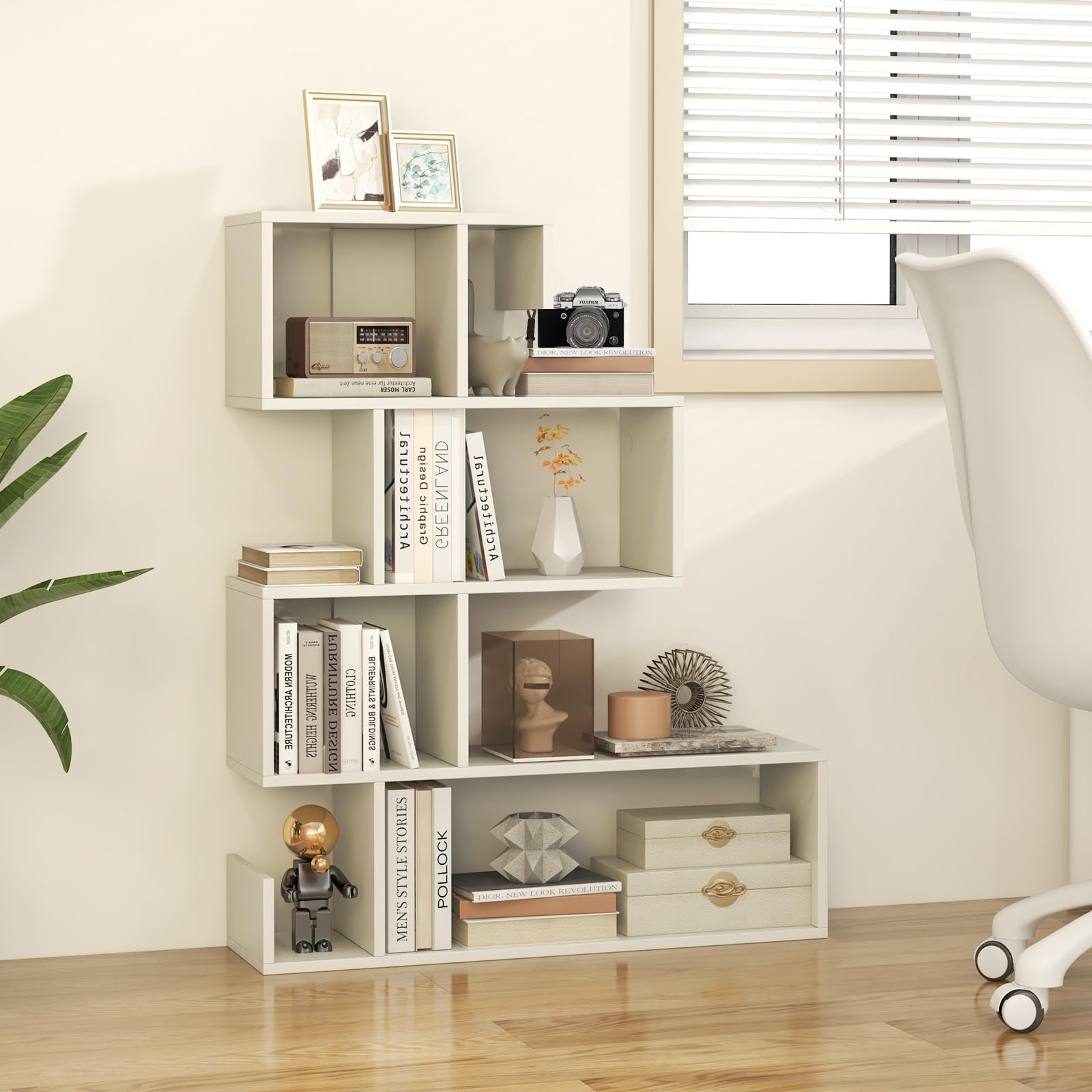Tangkula S-Shaped Bookshelf, 5-Tier Modern Geometric Stepped Bookcase with Anti-Tipping Kits, Freestanding Corner Ladder Display Rack for Living Room Home Office (1, White)