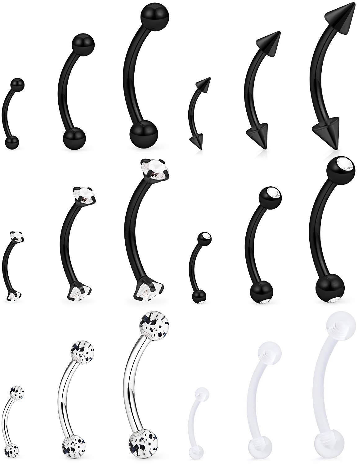 Lcolyoli 18pcs 16G Clear Bioflex Acrylic & Stainless Steel Eyebrow Barbell Rook Daith Earrings Belly Studs Cartilage Tragus Barbell Body Piercing Jewelry Retainer 6mm 8mm 10mm Black