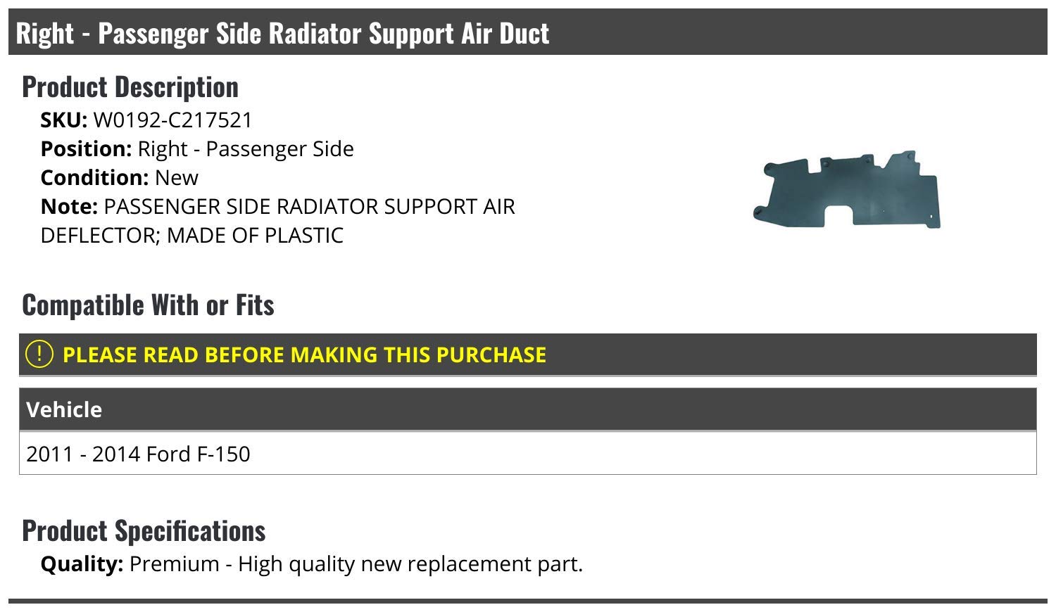 Marketplace Auto Parts - Right Passenger Side Radiator Support Air Duct - Compatible with 2011-2014 Ford F-150