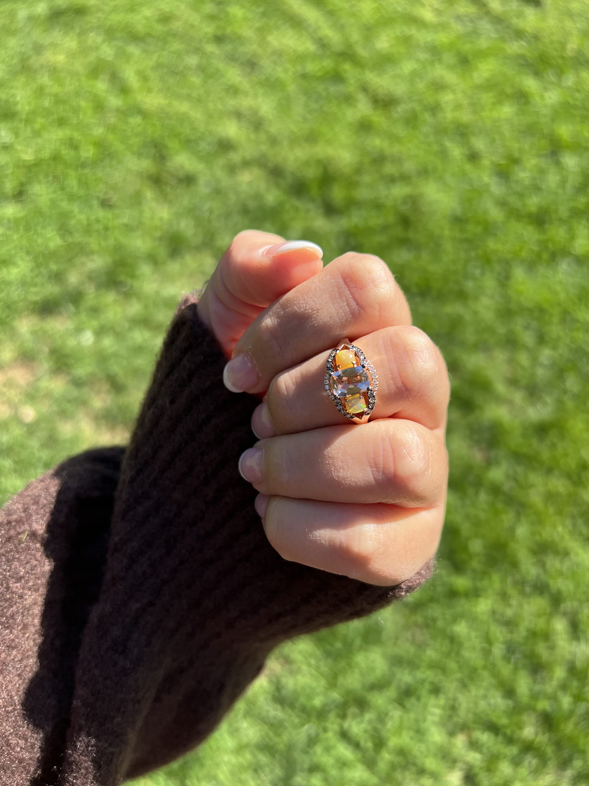 LE VIAN 1/6 Carat Diamond, Morganite and Opal Split Shank Ring for Women in 14k Rose Gold (Fancy Brown/G-H, VS2-SI2, cttw) Triple Stone Promise Anniversary Ring Size 7