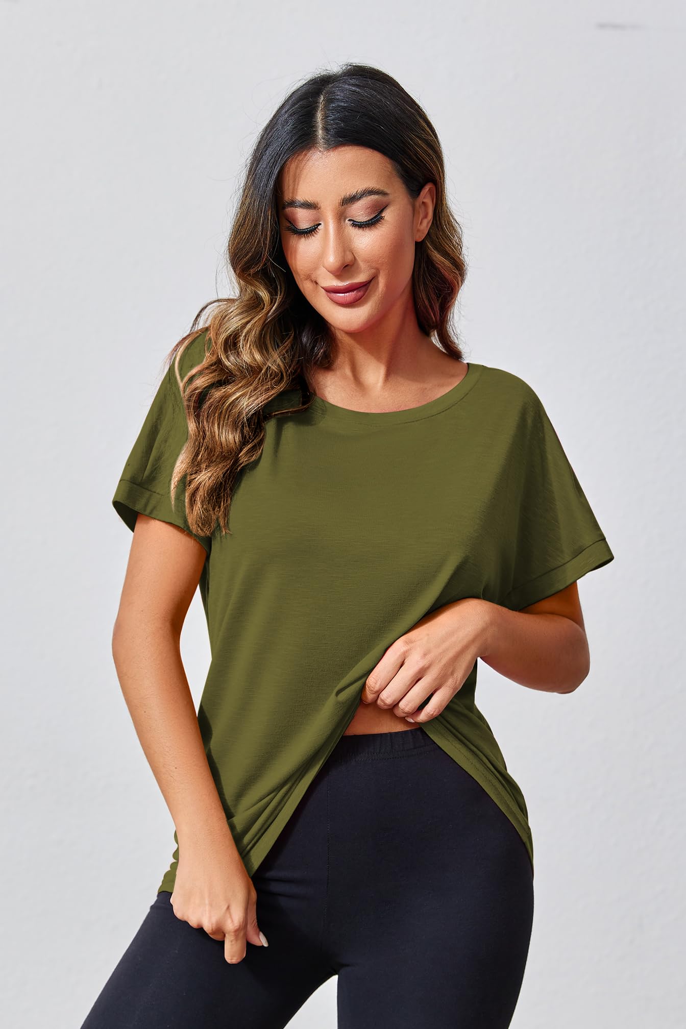 MIRACMODA Women's Open Back Athlete Loose Fitting Workout Casual Yoga T-Shirt Summer Gym Tee Army Green