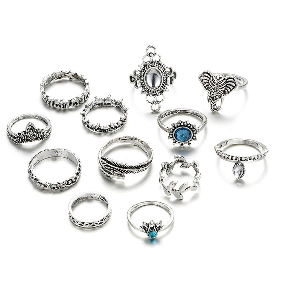 Missgrace Bohemian Vintage Elephant Animal Crystals Stack Rings Set Rhinestones Statement Beach Rings for Women Piece 12Pcs (Style 5)