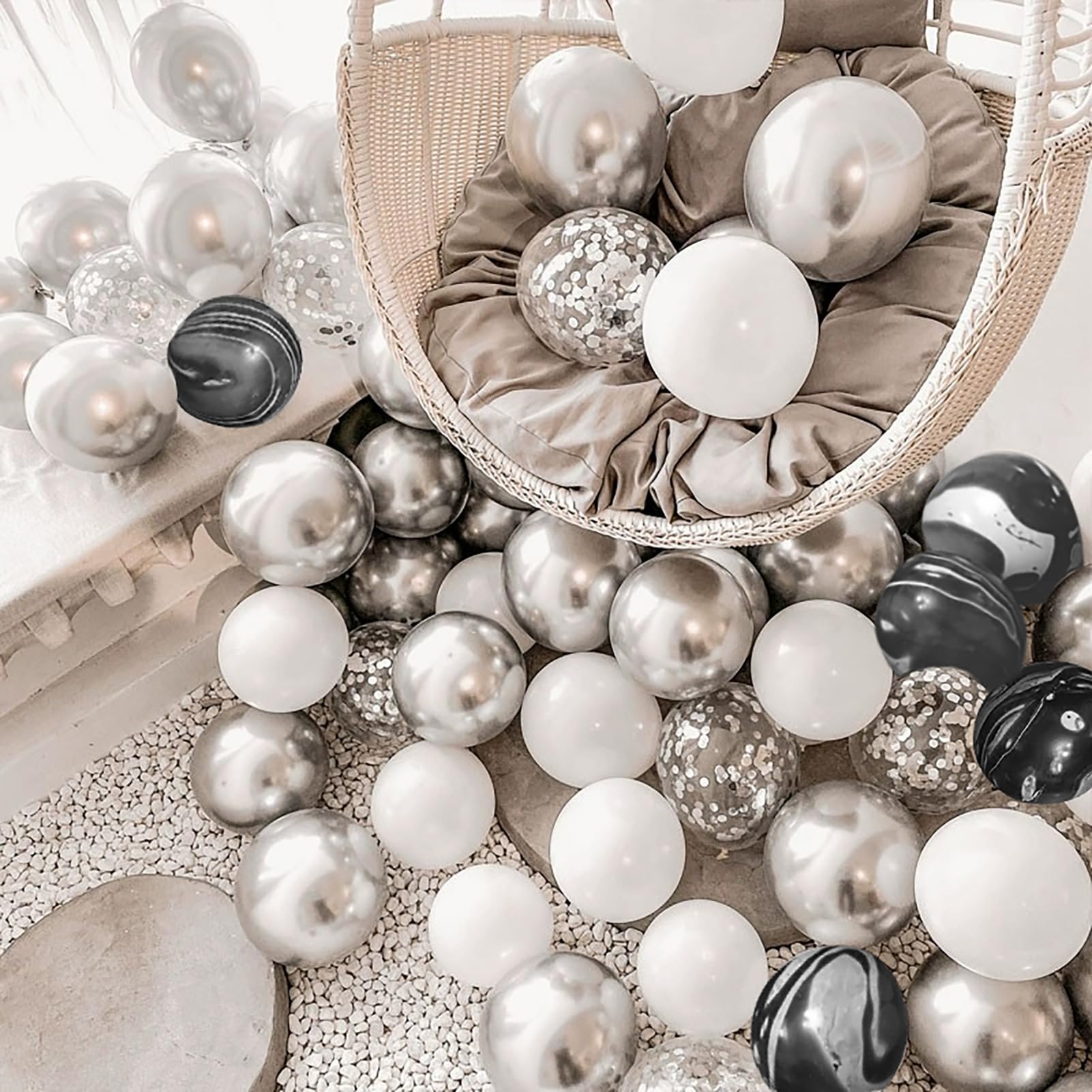Mayen 50 Pcs 12 Inches Black Silver White Balloons Set, Black Marble Balloons, Silver Metallic and Silver Confetti Balloons, Black and Silver Birthday Party Decorations, Silver Graduation Decorations