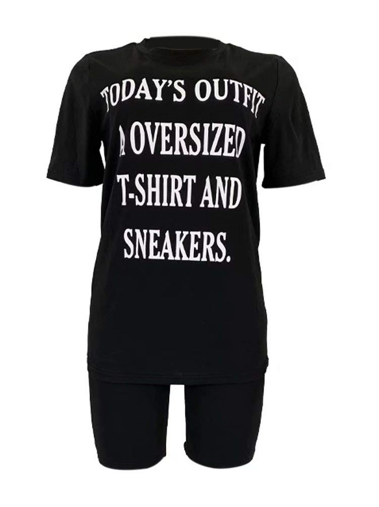 KOOBETON Womens Casual Solid Color 2 Piece Outfits Letter Print T Shirts Bodycon Shorts Tracksuits Black S