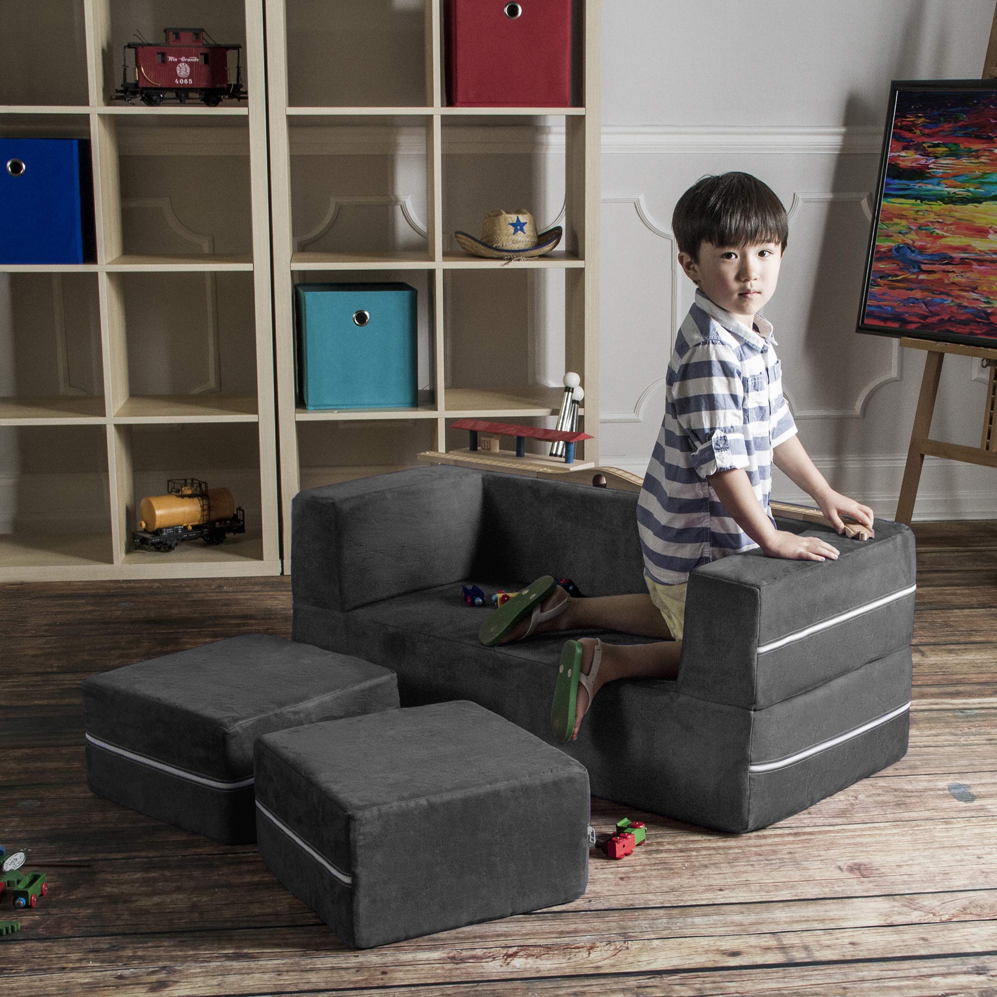 Jaxx Zipline Modular Kids Loveseat & Ottomans/Fold Out Lounger, Charcoal
