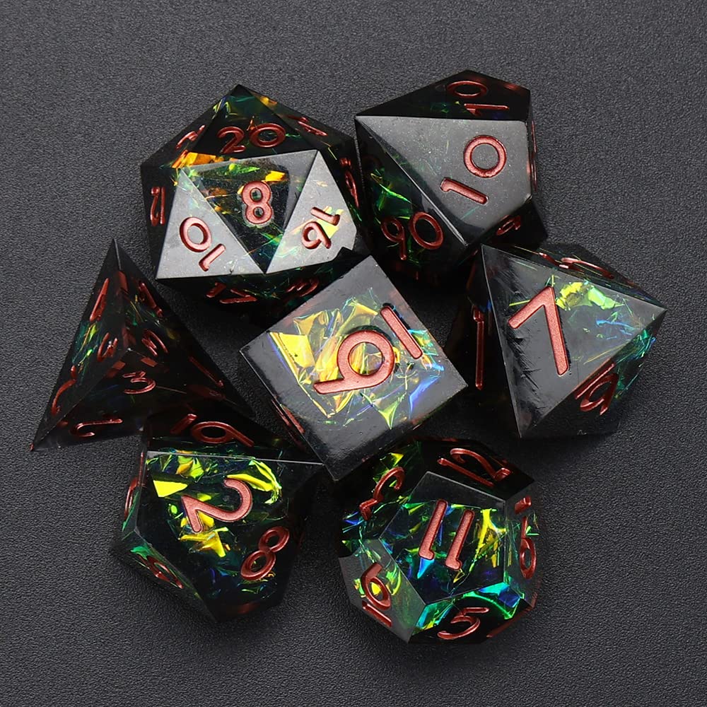 Polyhedral Resin DND Dice Set, Handcrafted Polished Sharp Edge Tabletop D&D RPG Games Dice with Beautiful Glitter Inclusions