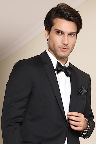 HISDERN Bow Ties for Men Solid Black Self Tie Bow Tie & Pocket Square Set Classic Formal Satin Bow ties for Tuxedo Wedding Party
