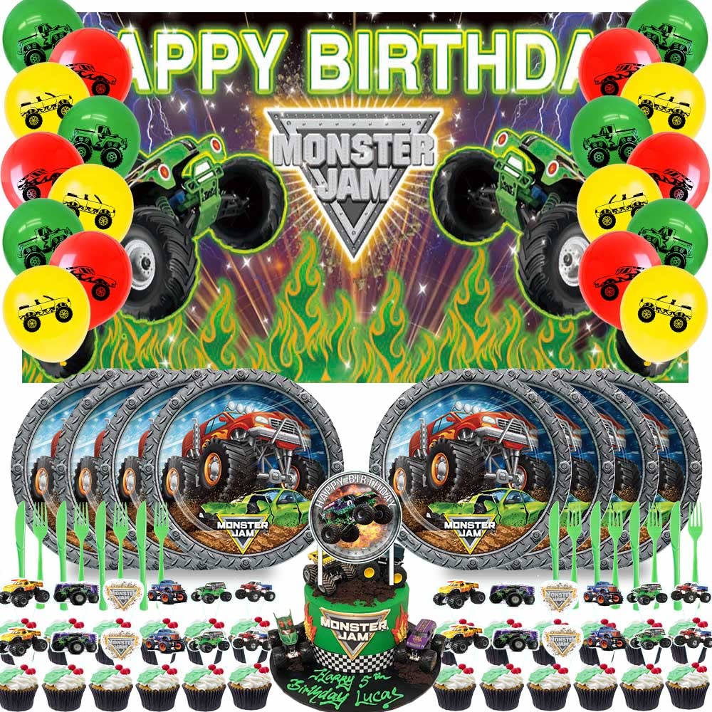 Monster Jam Party Supplies Plates Monster Truck Decorations Birthday Decor Backdrop Banner