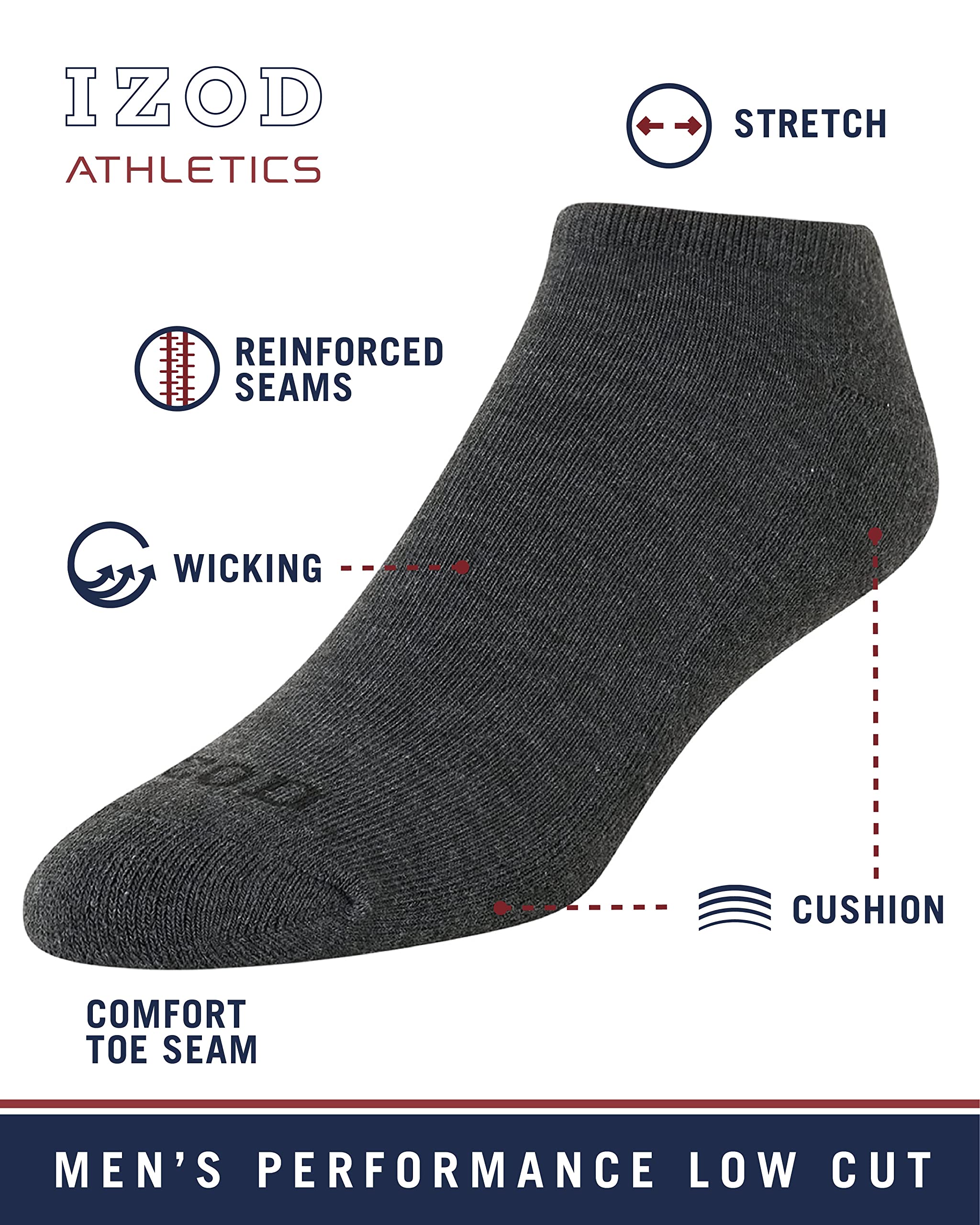 IZOD Men's Athletic Socks - Performance Cushion Low Cut Socks (10 or 12 Pack), Size 6-12.5, White (10PK)