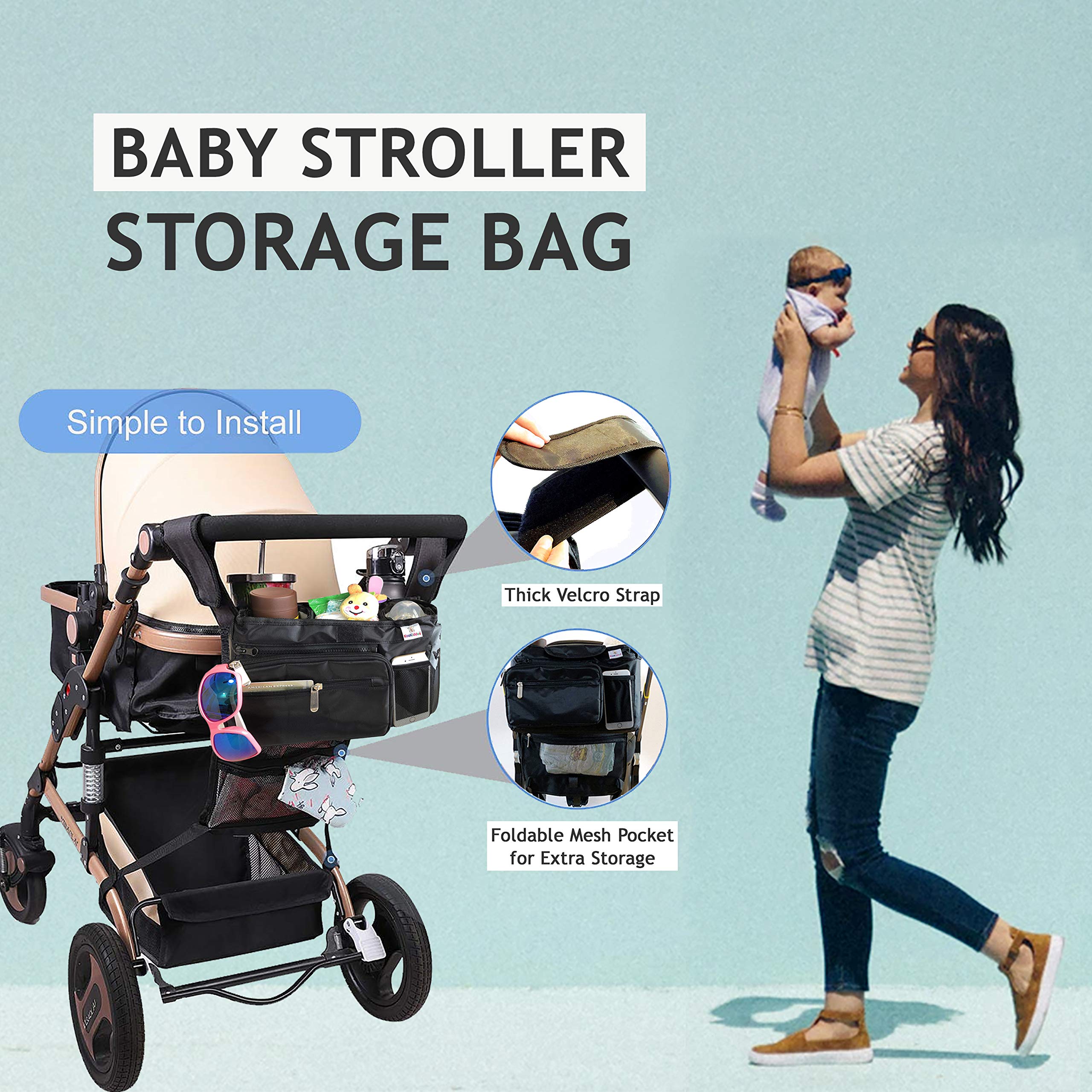 KOOKIDDOS Baby Stroller Organizer with Cup Holders Insulated, Baby Diaper Storage Organizers and Shoulder Strap Organizer Bag for Accessories, Fits Uppababy, Doona, Britax, Baby Jogger, Bugaboo, BOB