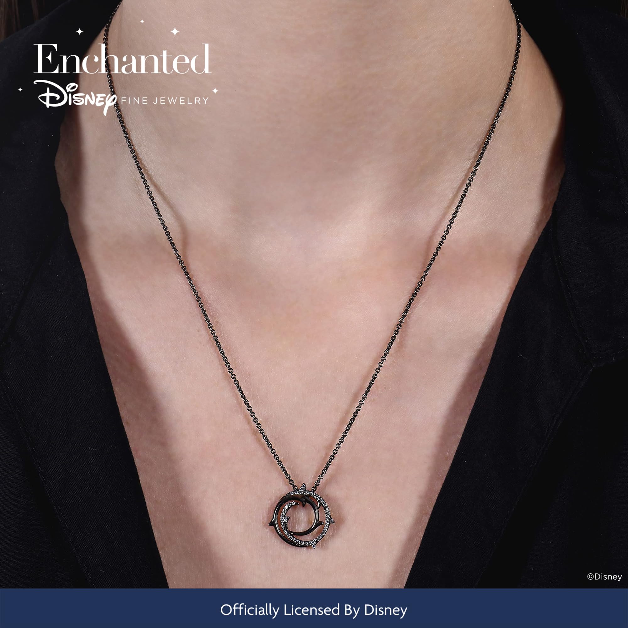 Jewelili Enchanted Disney Fine Jewelry Sterling Silver with Black Rhodium 1/10 Cttw Diamond Maleficent Pendant